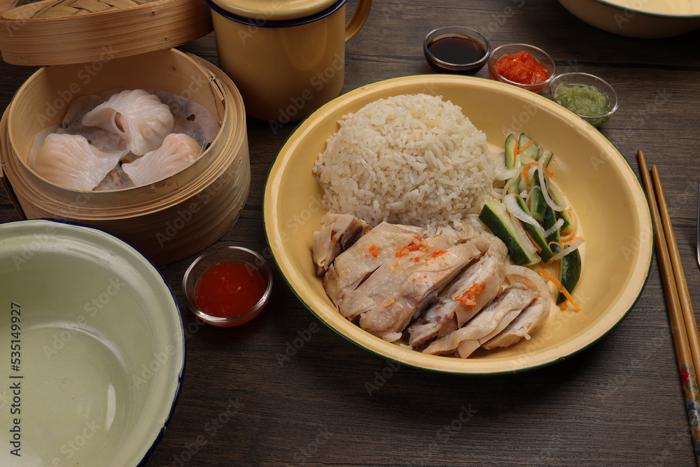 steamed Hainanese chicken rice crystal har gow transparent prawn shrimp ...