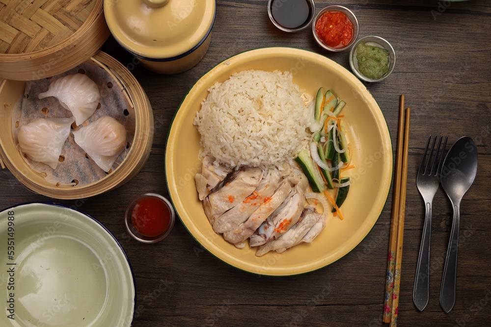 steamed Hainanese chicken rice crystal har gow transparent prawn shrimp ...