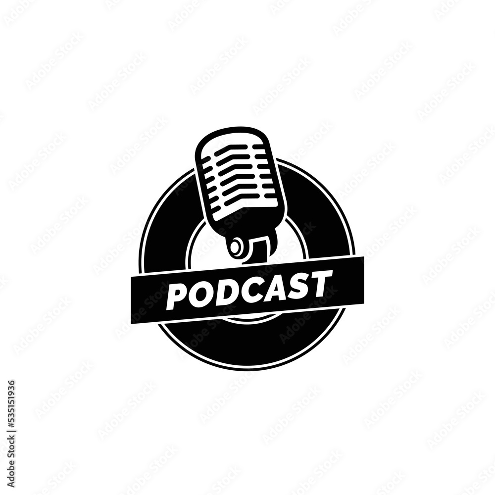 Stand Microphone Mic with Disc Recording for Podcast Studio Logo Design ...