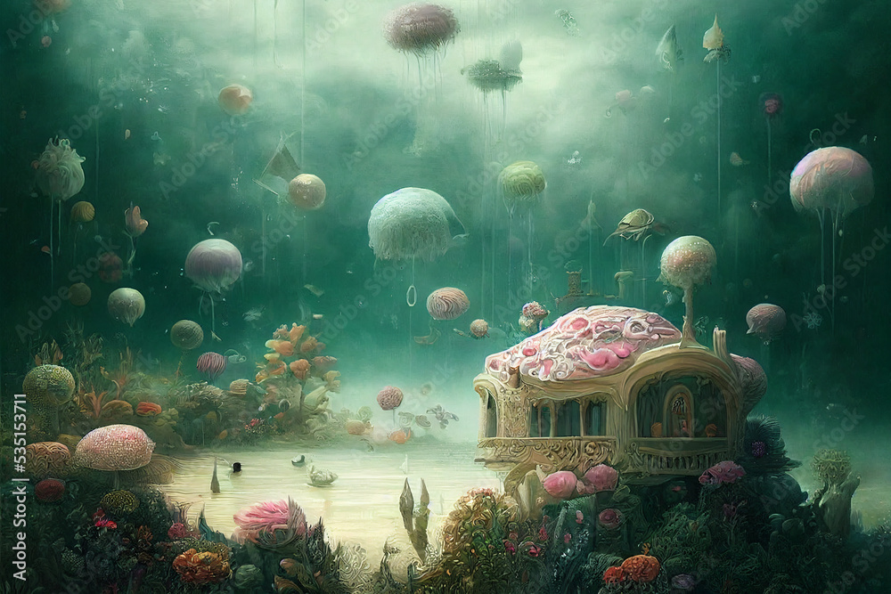fantasy surreal underwater beautiful house, pastel colours, digital ...