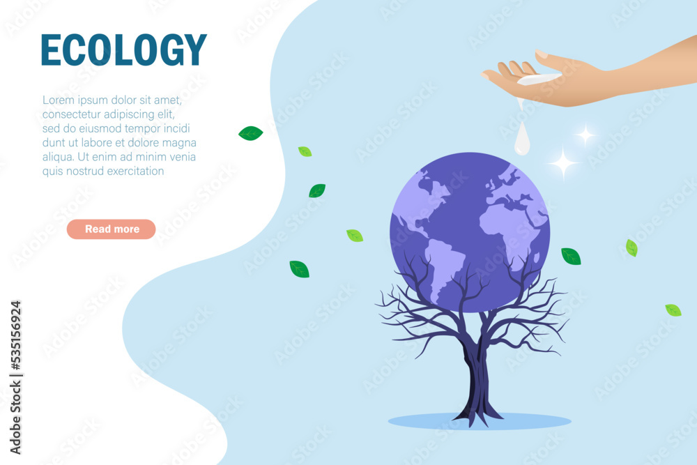 Hand showering water on earth with dried tree. Ecology, earth day and ...