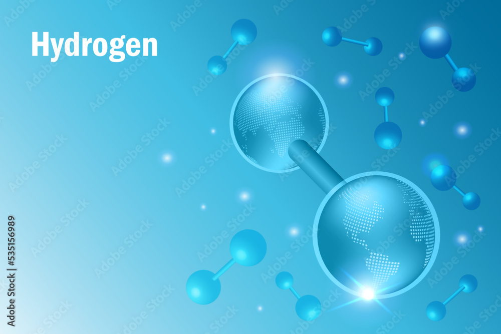 Globe in Hydrogen molecule structure, H2 fuel cell. Clean hydrogen ...