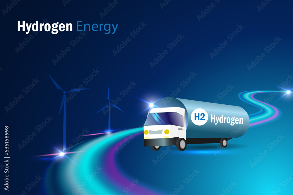 Hydrogen truck on futuristic road transport H2 Hydrogen fuel to gas ...
