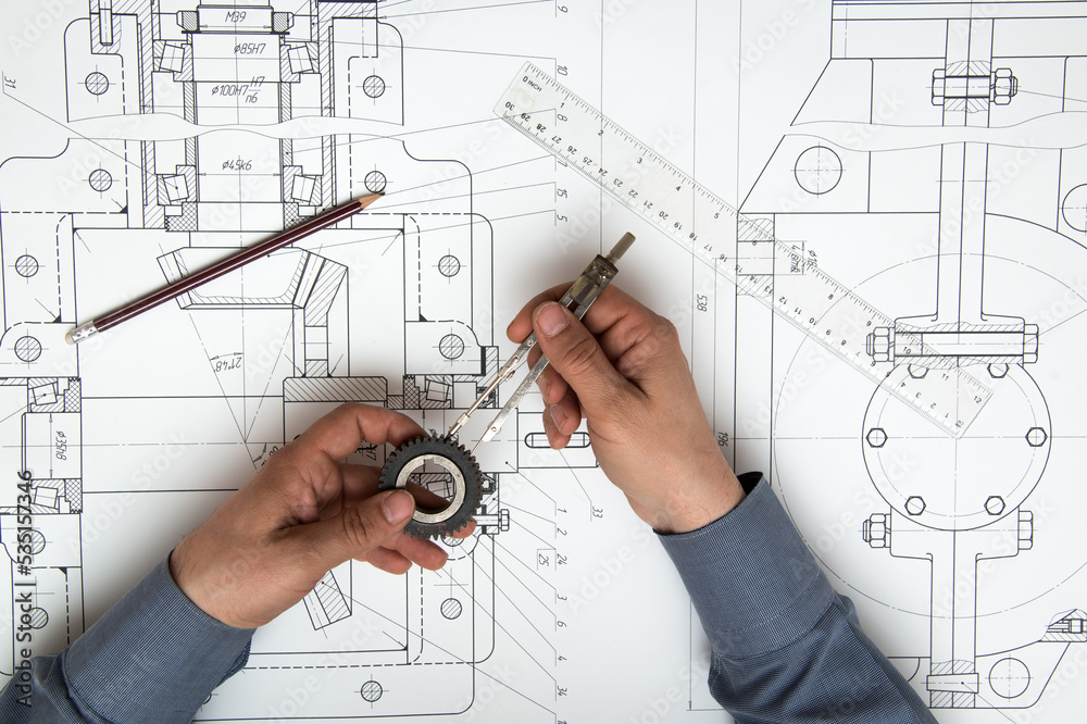 Technical drawing in machines production Stock-Foto | Adobe Stock