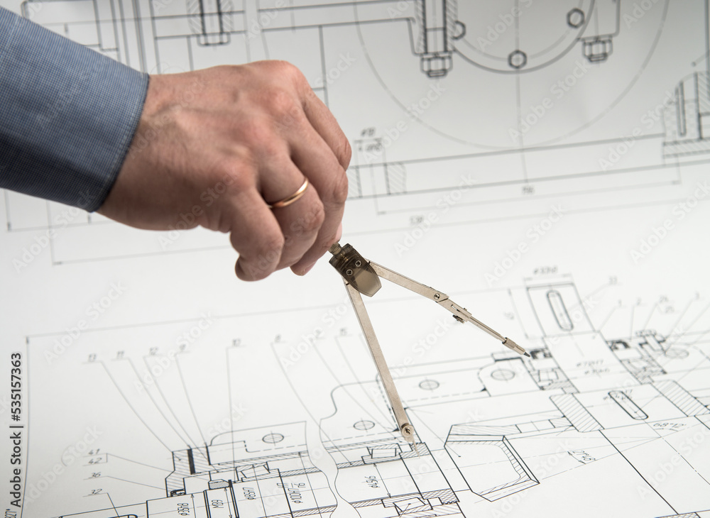 Technical drawing in machines production Stock Photo | Adobe Stock