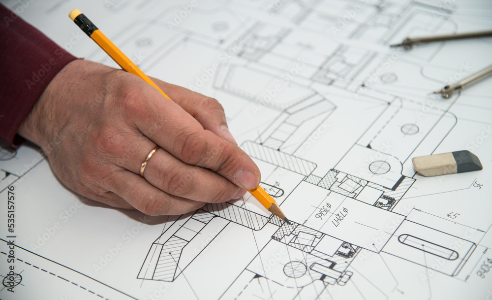 Technical drawing in machines production Stock Photo | Adobe Stock
