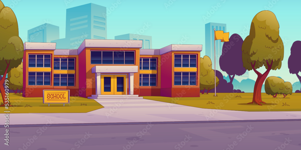 Modern school building in big city. Cartoon vector illustration of ...