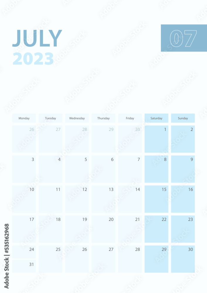 Vertical calendar page of July 2023, Week starts from Monday. Stock ...