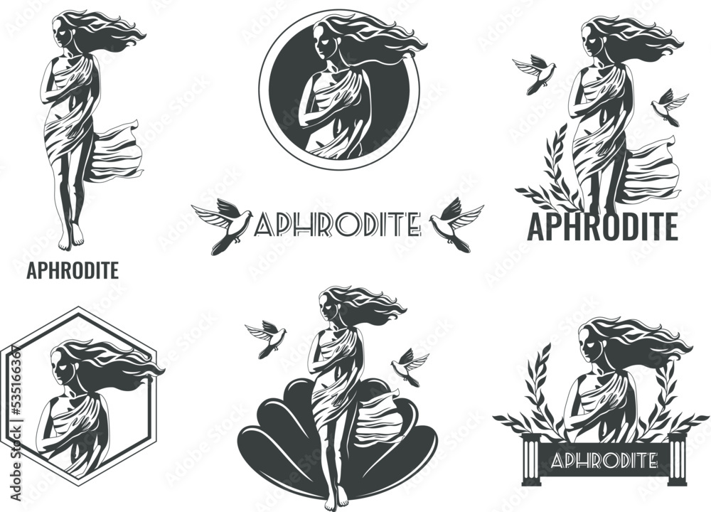 Aphrodite Greek Goddess Emblems Set เวกเตอร์สต็อก | Adobe Stock