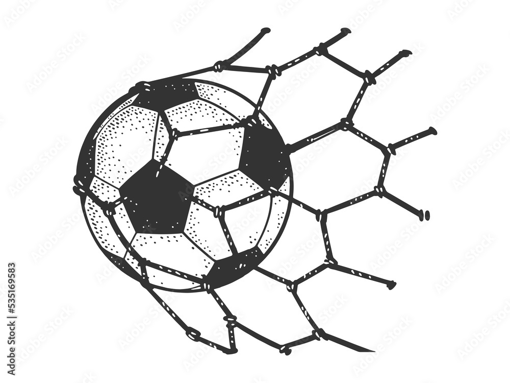 soccer football ball in goal net sketch engraving raster illustration ...