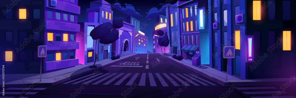 City street with crossroad at night time, empty transport highway ...