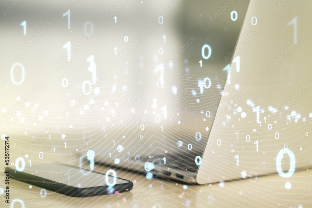 Creative abstract binary code hologram on modern computer background, AI and machine learning ...