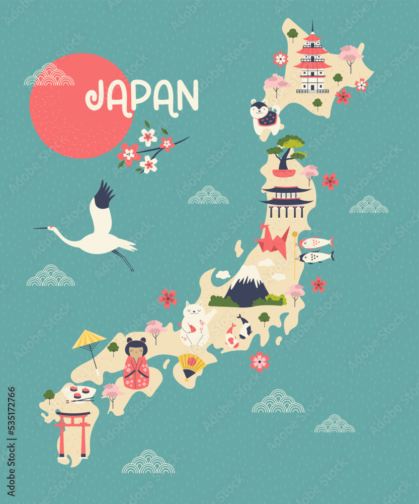 Illustrated map of Japan with famous symbols and landmarks Stock Vector ...