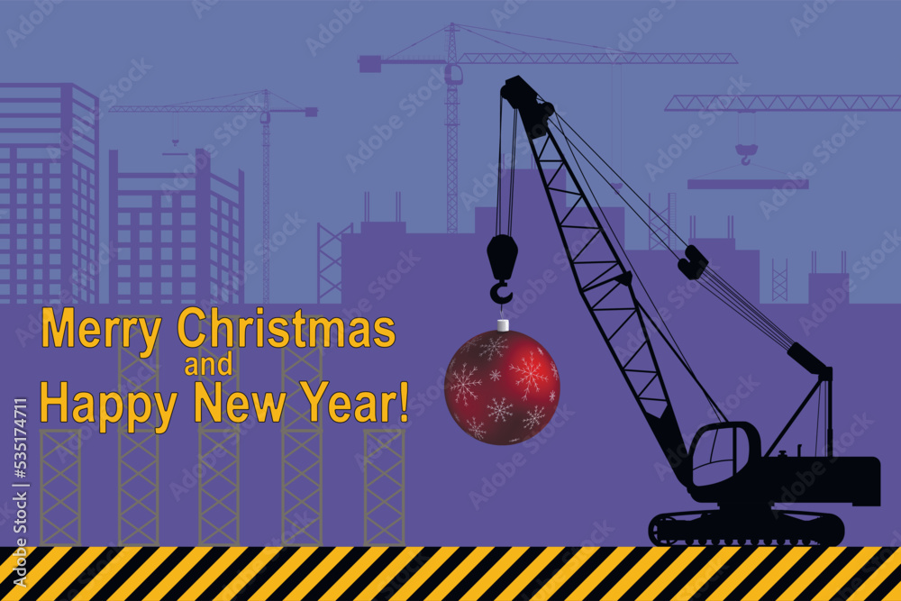 New Year card. A construction crane will lift a large Christmas tree ...