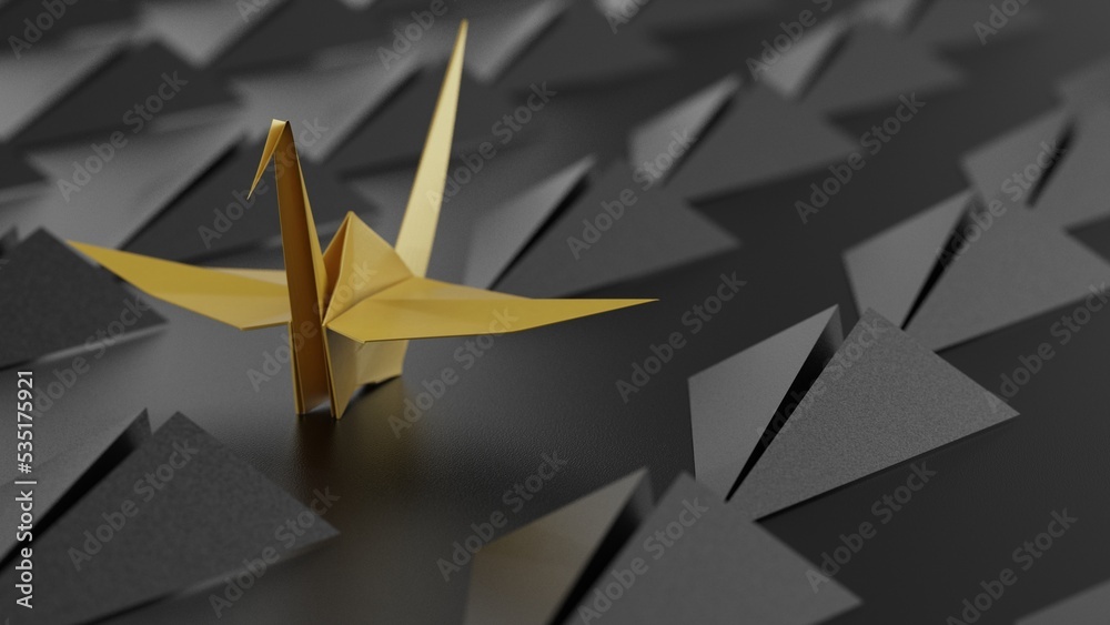 Origami of gold crane and many black airplanes on black board under ...