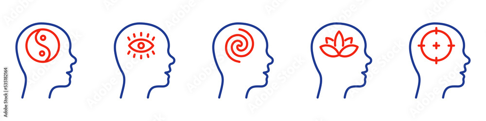 Brain Balance Harmony in Head Line Icon. Illuminati Eye, Target, Lotus ...