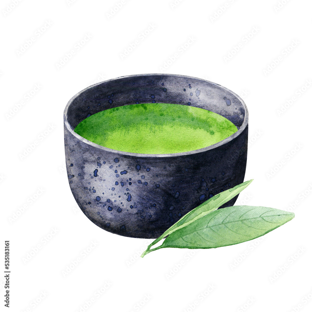 Green tea in black bowl and tea leaves. Watercolor illustration of ...
