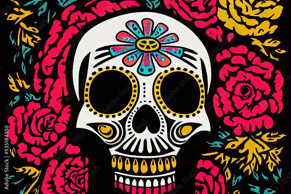 Calavera, Mexican sugar skull makeup and flowers for dia de los Muertos ...