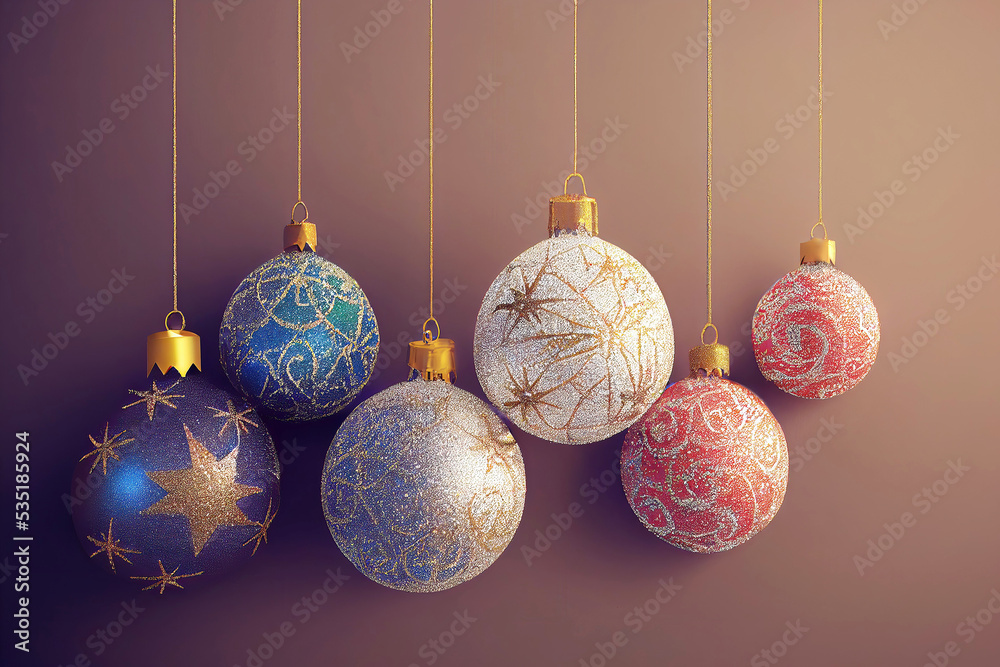 Festive christmas tree balls hanging from wall as decoration Stock ...