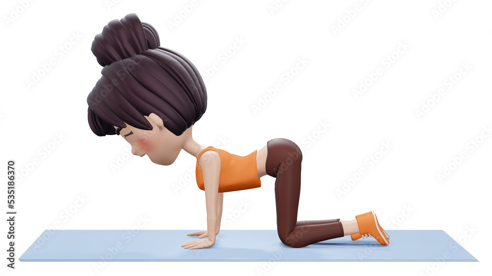3d render. Woman doing cat pose., The girl is on all fours in the pose ...