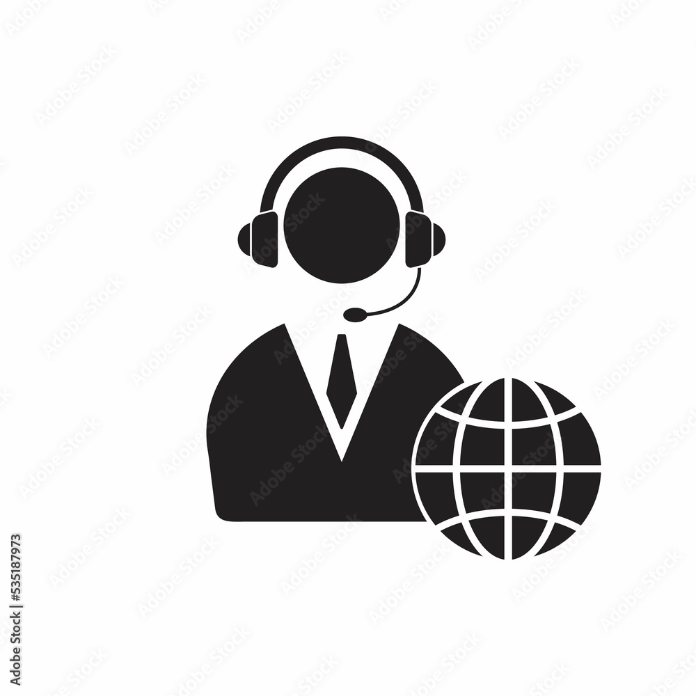 Interpreter line icon. Character in headset with globe. Translation ...