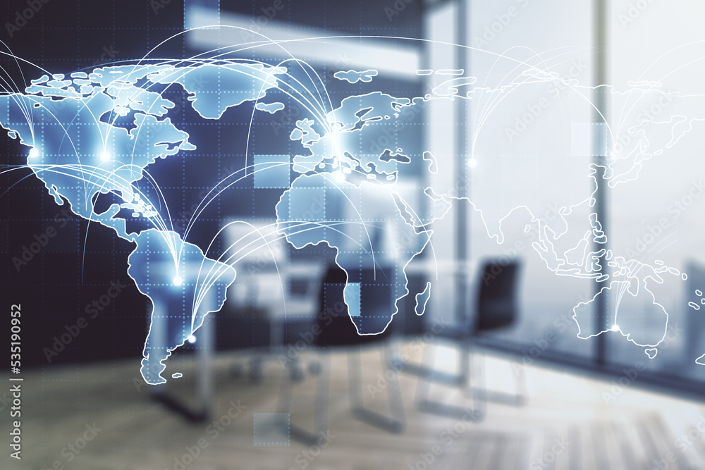 Abstract graphic digital world map with connections and modern desktop ...