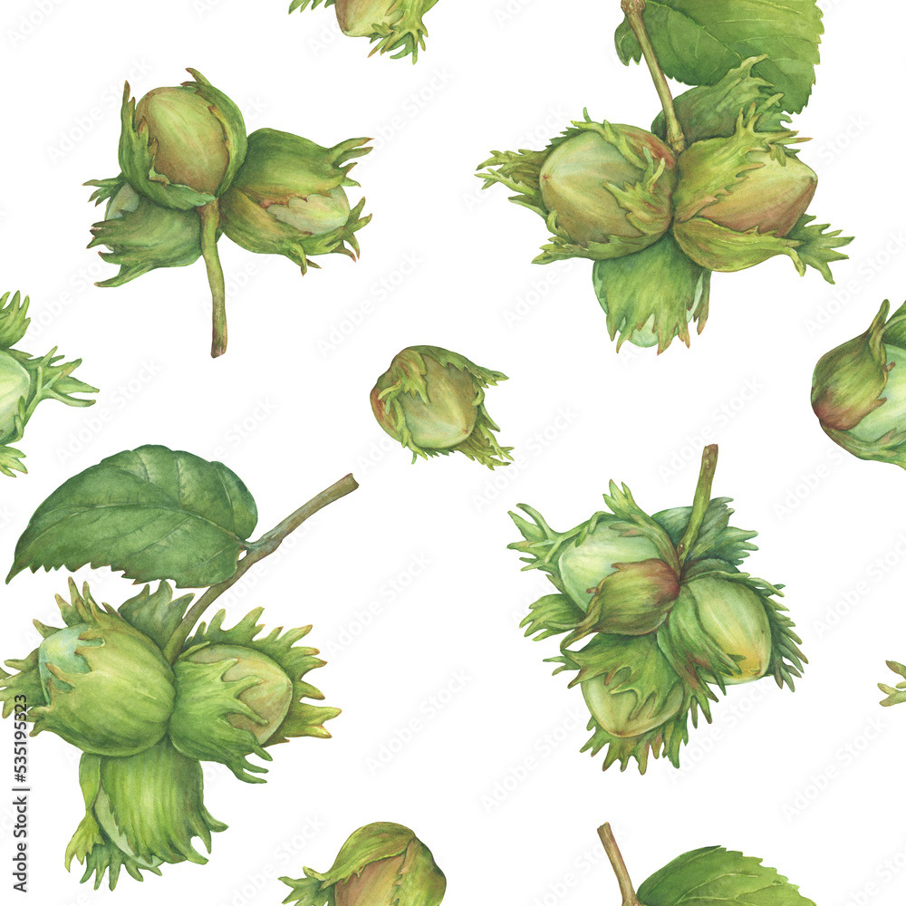 Seamless pattern with green hazelnut fruits with spiny husks and leaves ...
