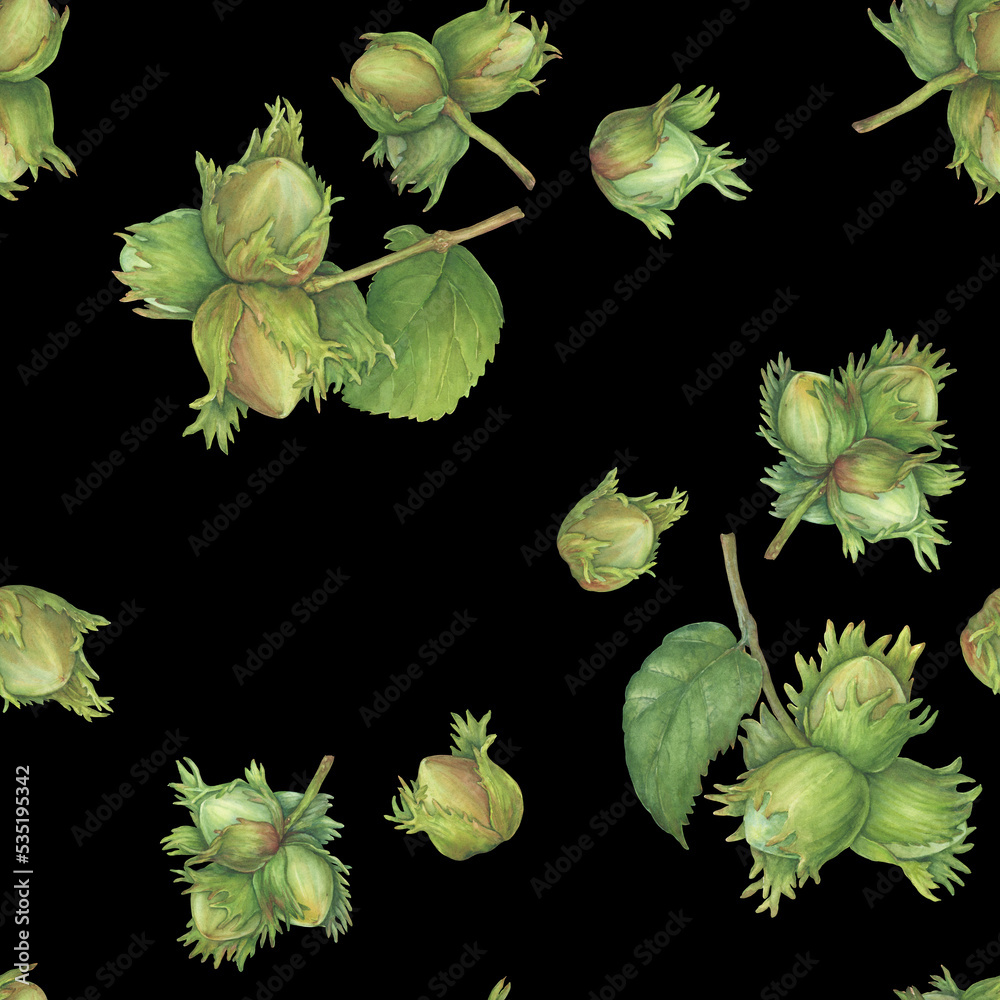 Seamless pattern with green hazelnut fruits with spiny husks and leaves ...