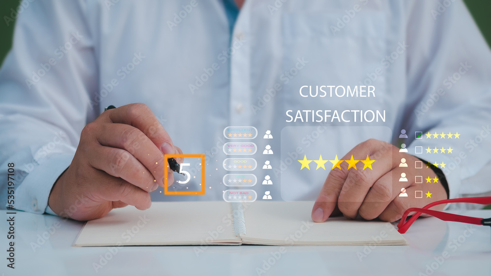 Customer Service Assessment Concept. Businessman pressing face smiley ...