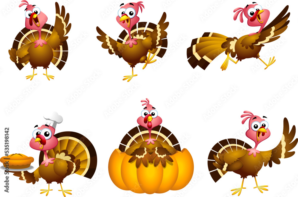 Turkey Baby Cartoon Character Flat Design. Vector Collection Set ...