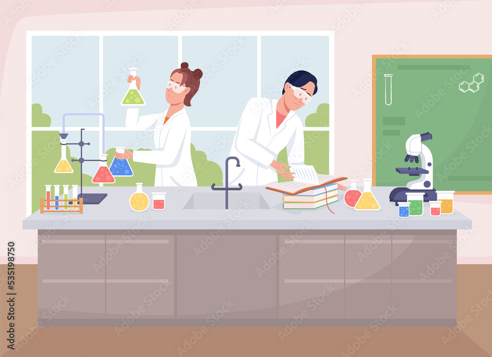School chemistry class flat color raster illustration. Conducting ...