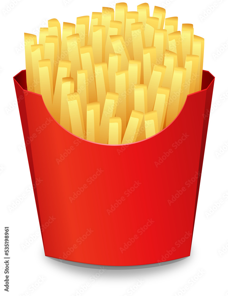 Portion of french fries in a red cardboard packaging from a fast food ...