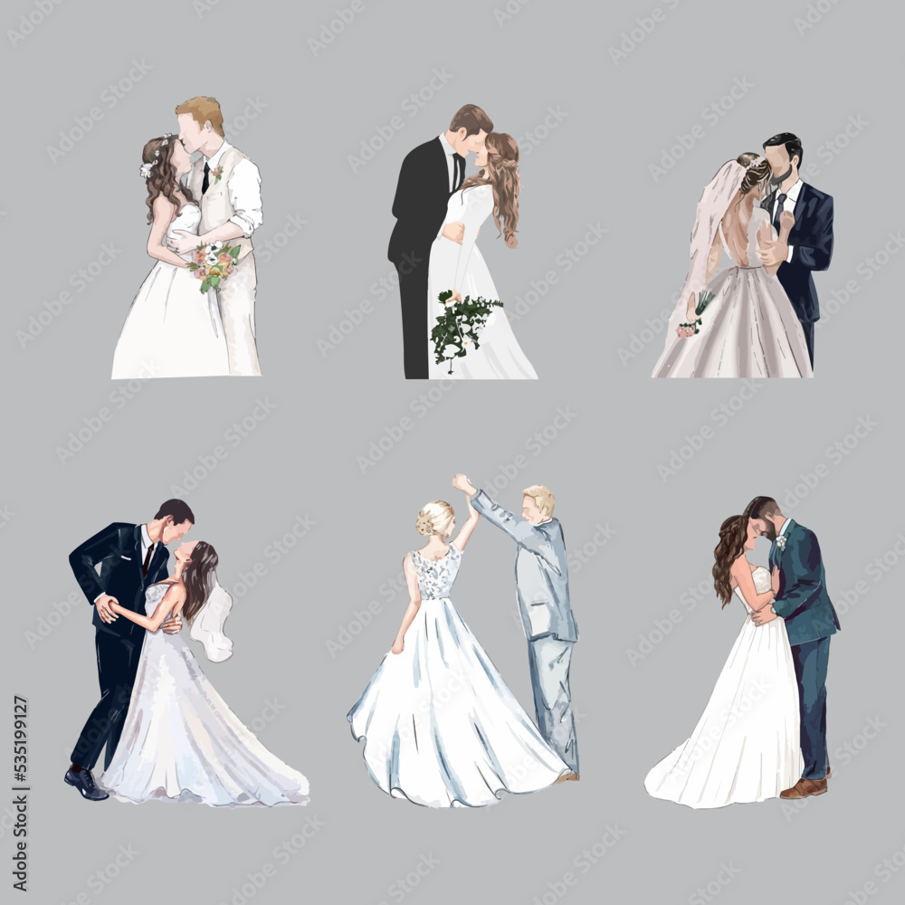 Set of hand drawn Bride and Groom watercolor vector illustration Stock ...