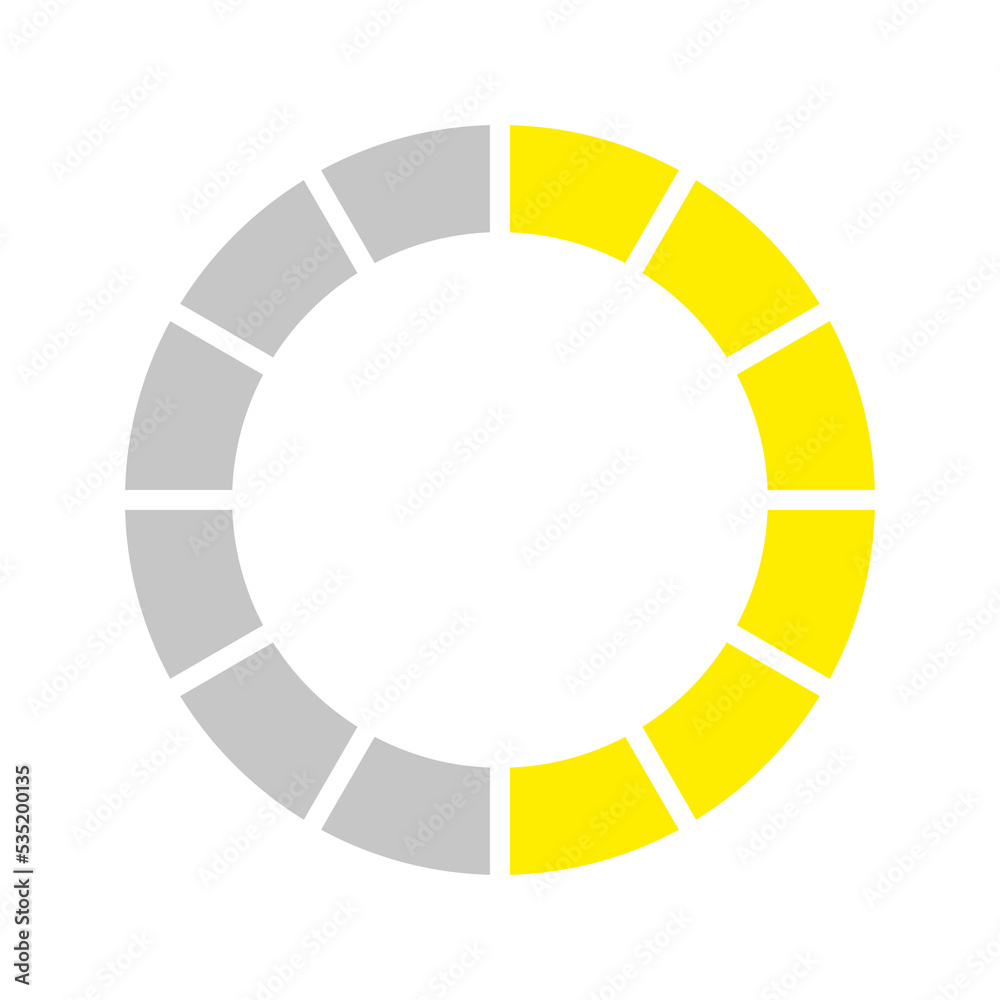 Gray, yellow pie chart, diagram, divided in 12 parts. Minute, second ...