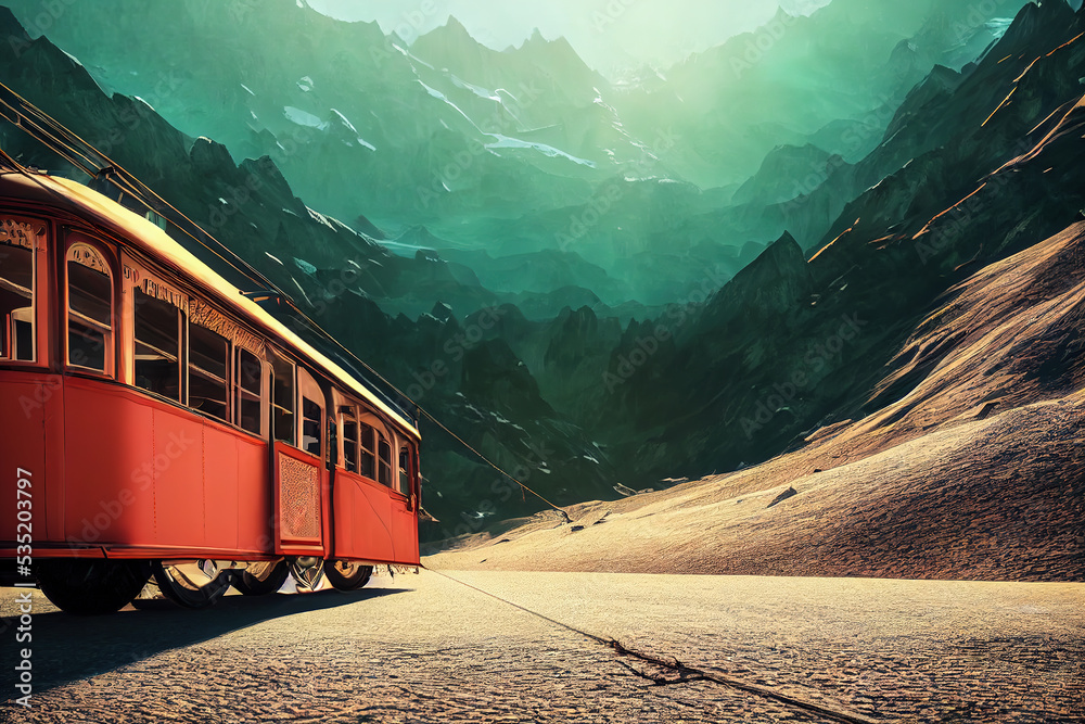 Digital illustration of a trolley car on the side of the hill with view ...