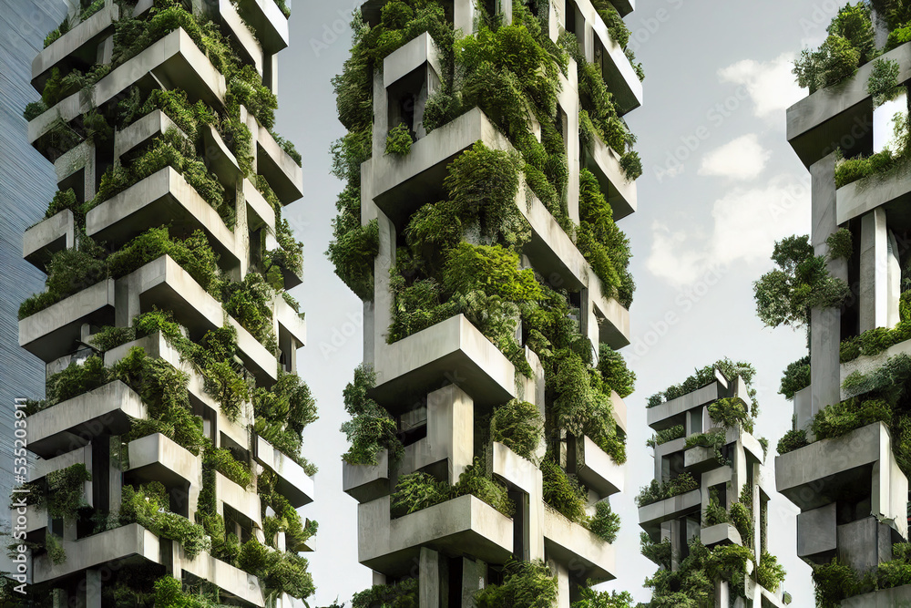Sustainable green home buildings. Vertical gardening on skyscrapers and ...