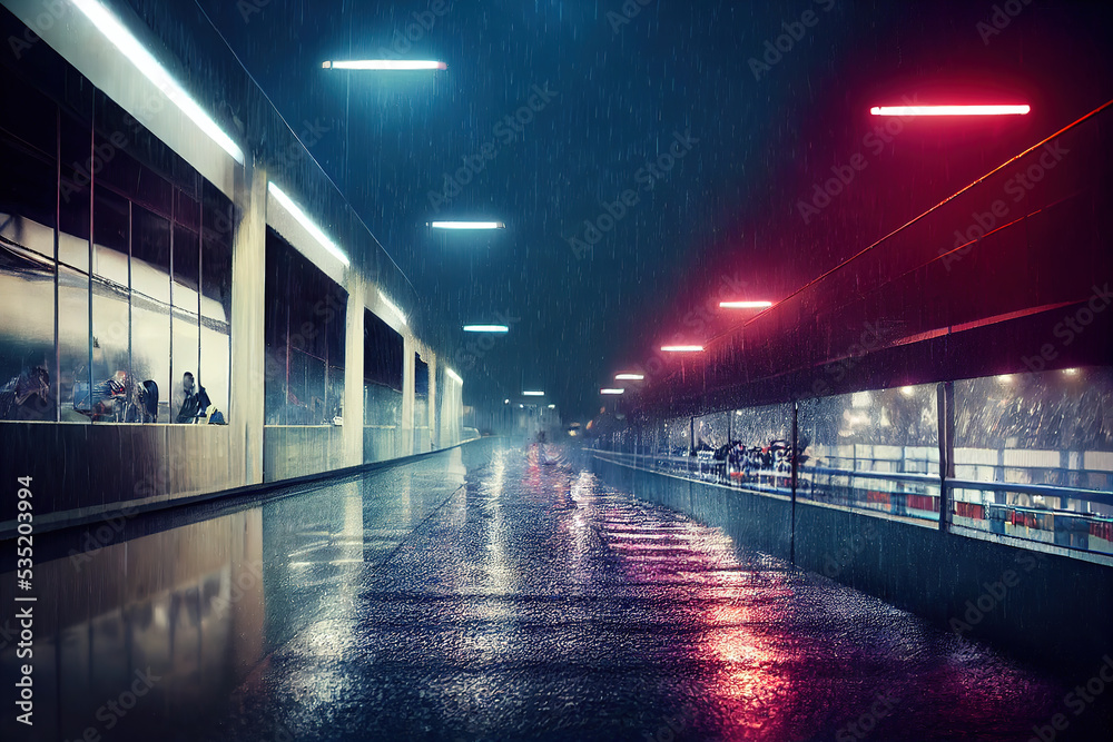Digital illustration featuring a formula-1 race track at night in the ...