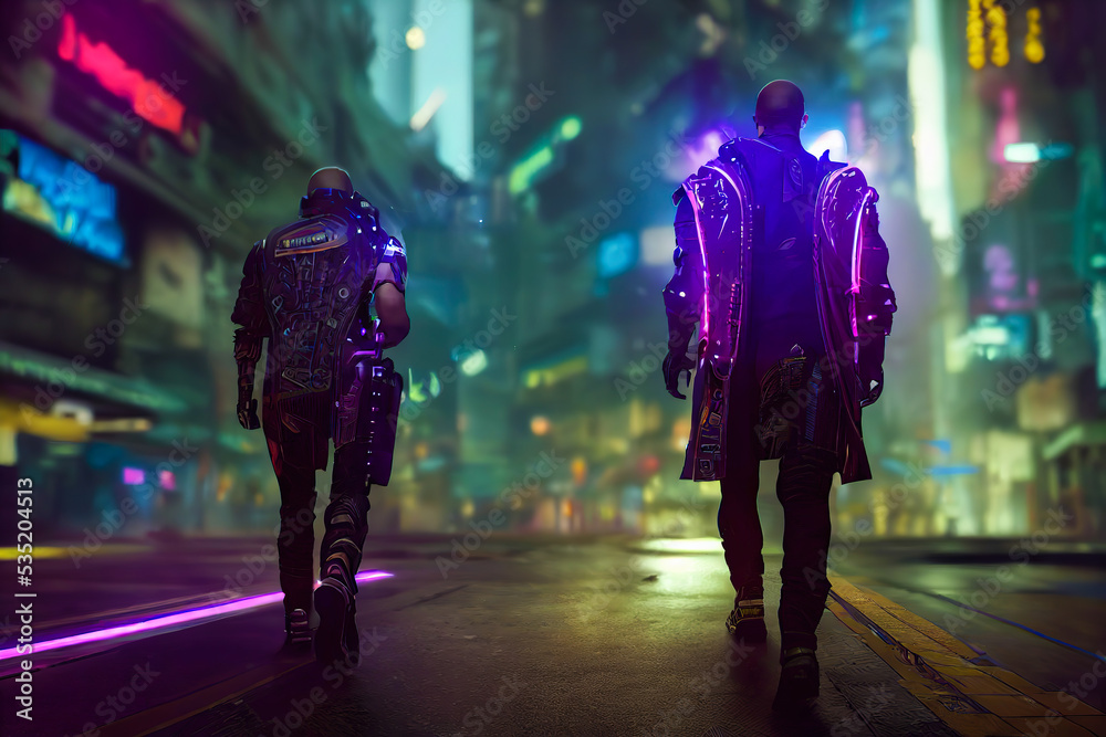 Two futuristic cyber punk men wearing glowing jackets walking down a ...