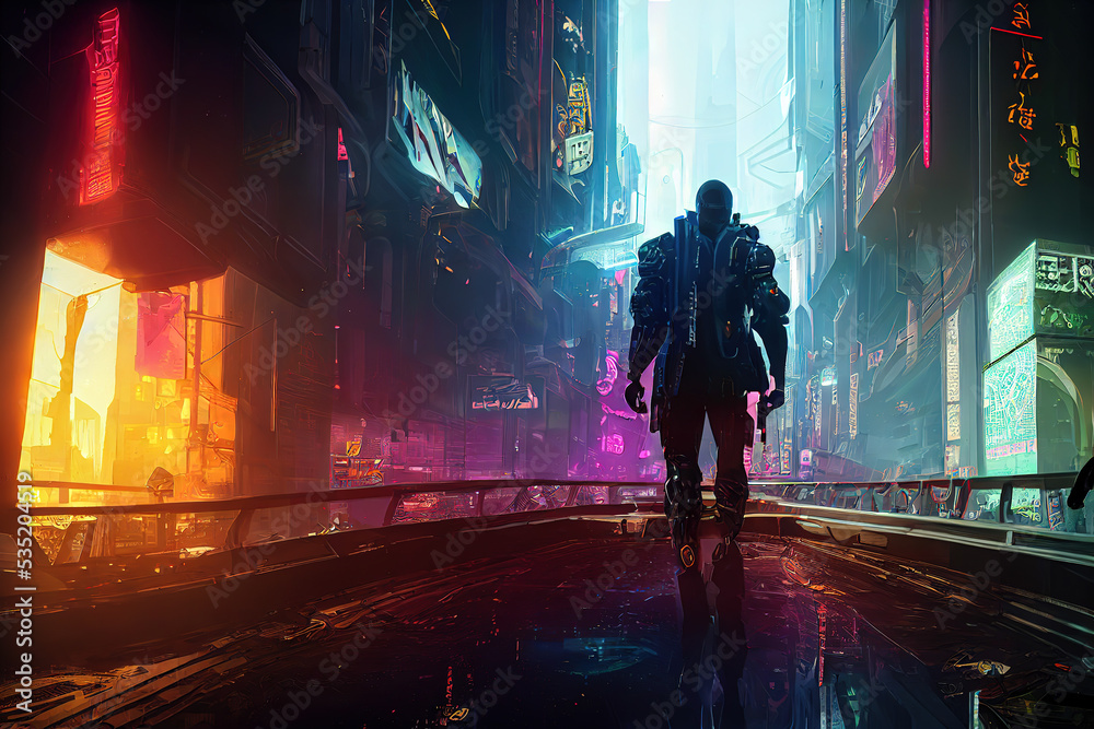 A futuristic man in a cyber futuristic city, surrounded by neon signs ...