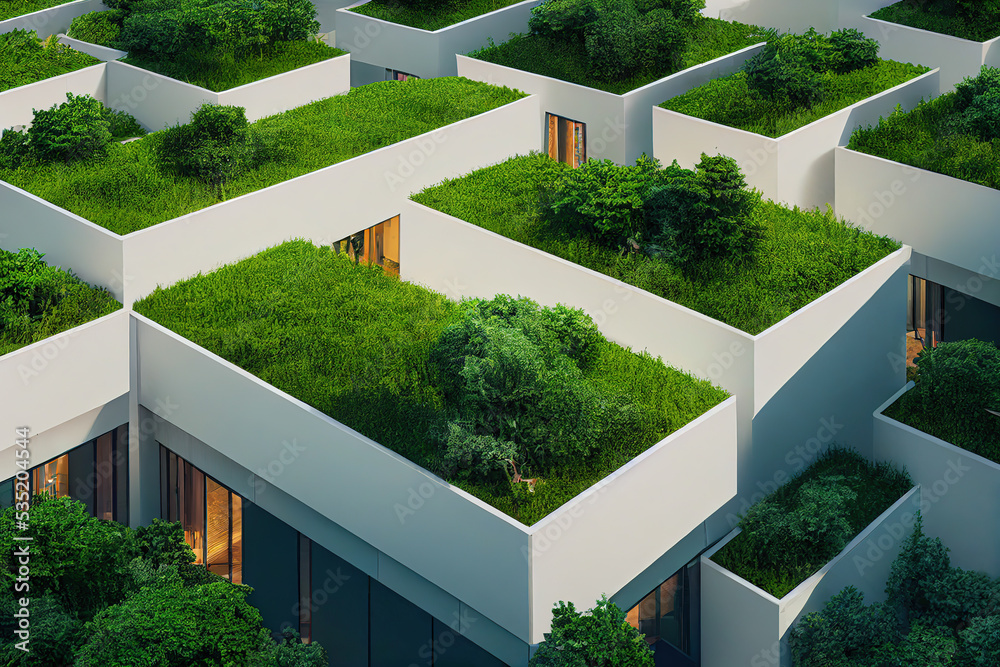 Rooftops of sustainable green home. Residences with grass growing on ...