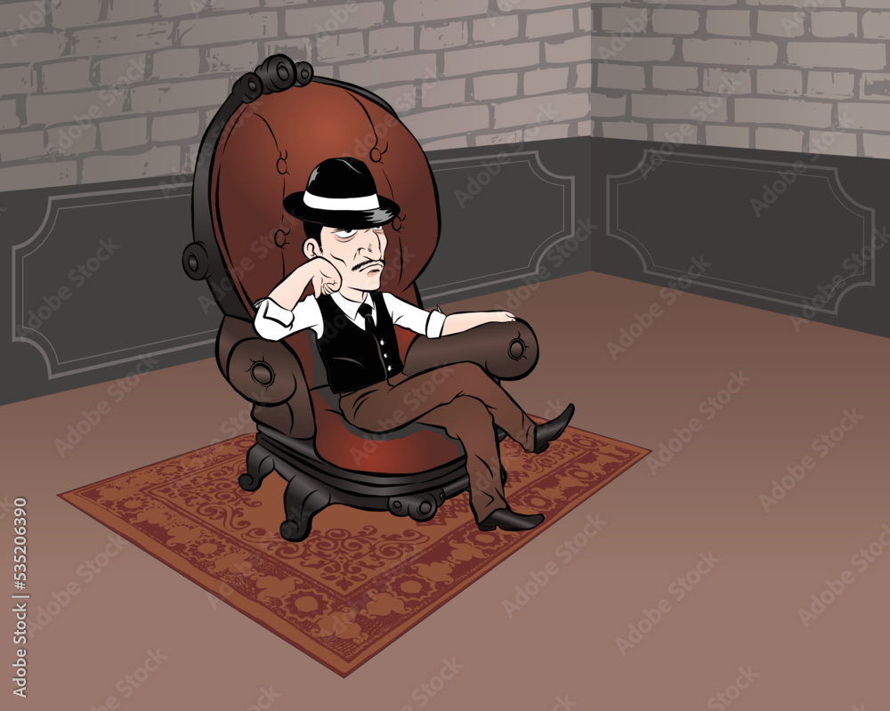 Mafia sitting on brown vintage sofa. wear hat. vector illustration ...