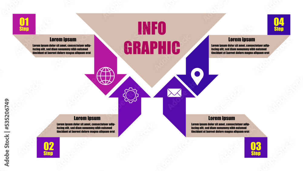 Vector infographic flat template. Arrow with icon for four diagrams ...
