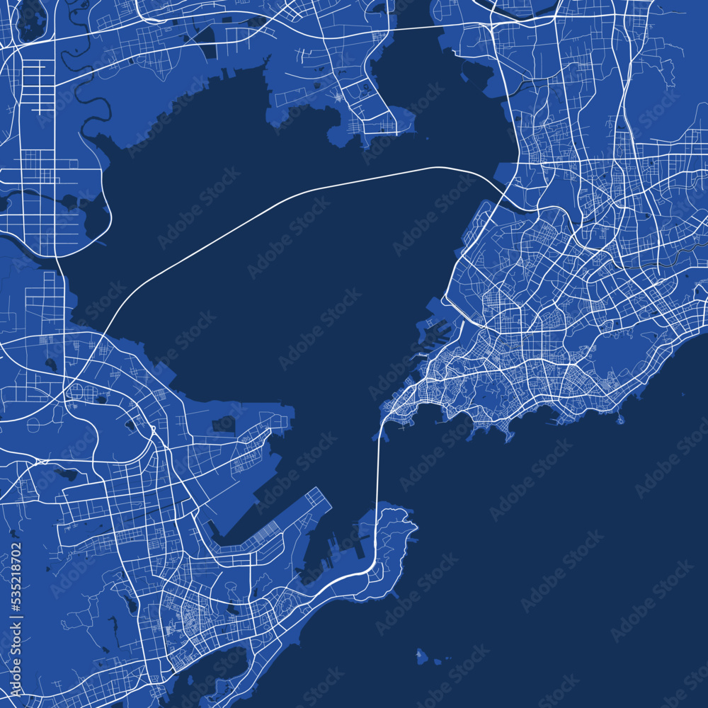 Detailed map poster of Qingdao city, linear print map. Blue skyline ...