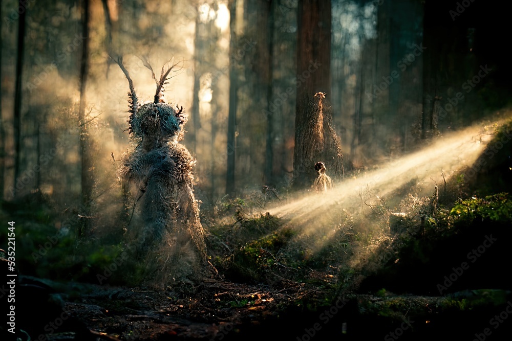 Alien Creature of the woods scene 3D illustration with dramatic ...