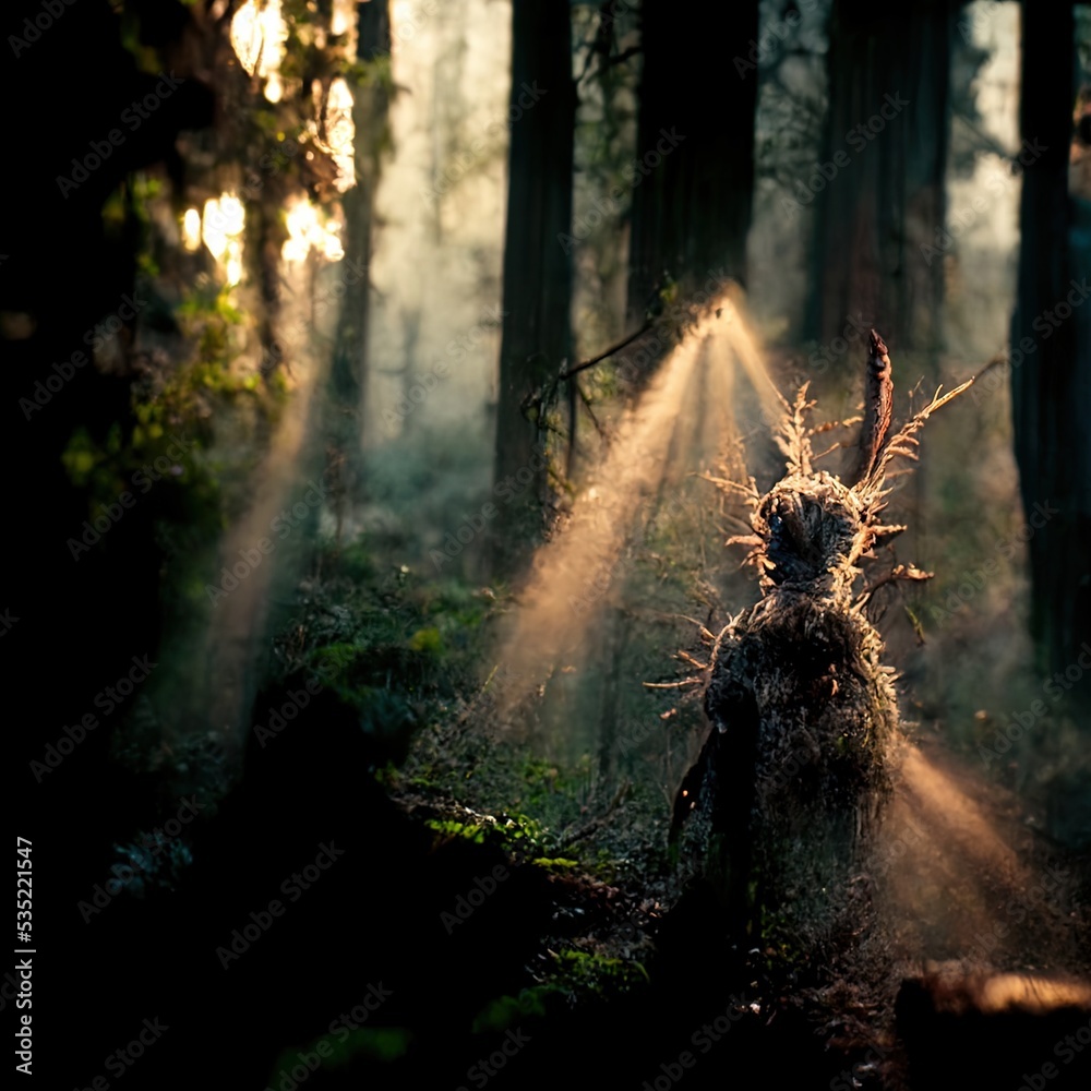 Alien Creature of the woods scene 3D illustration with dramatic ...