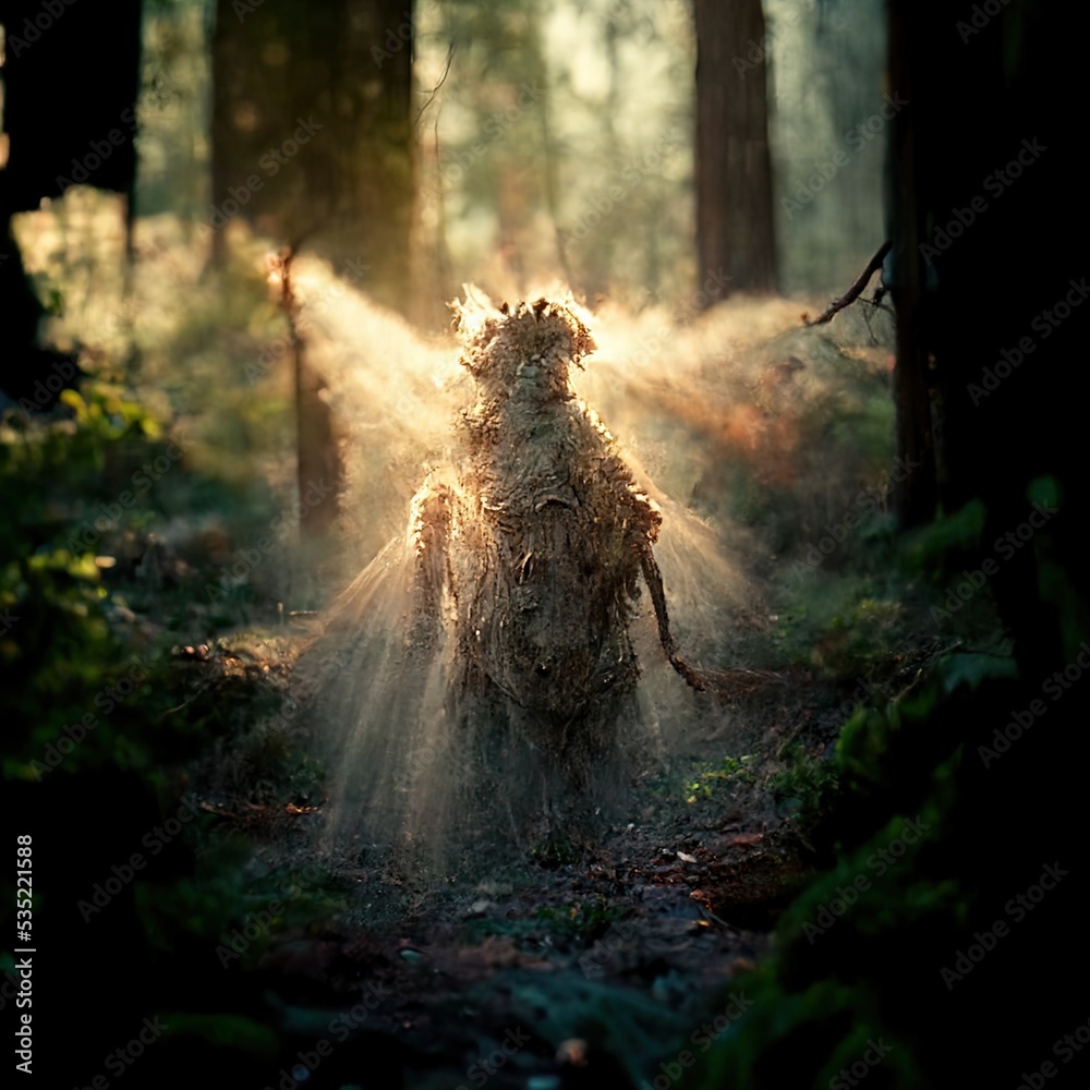 Alien Creature of the woods scene 3D illustration with dramatic ...