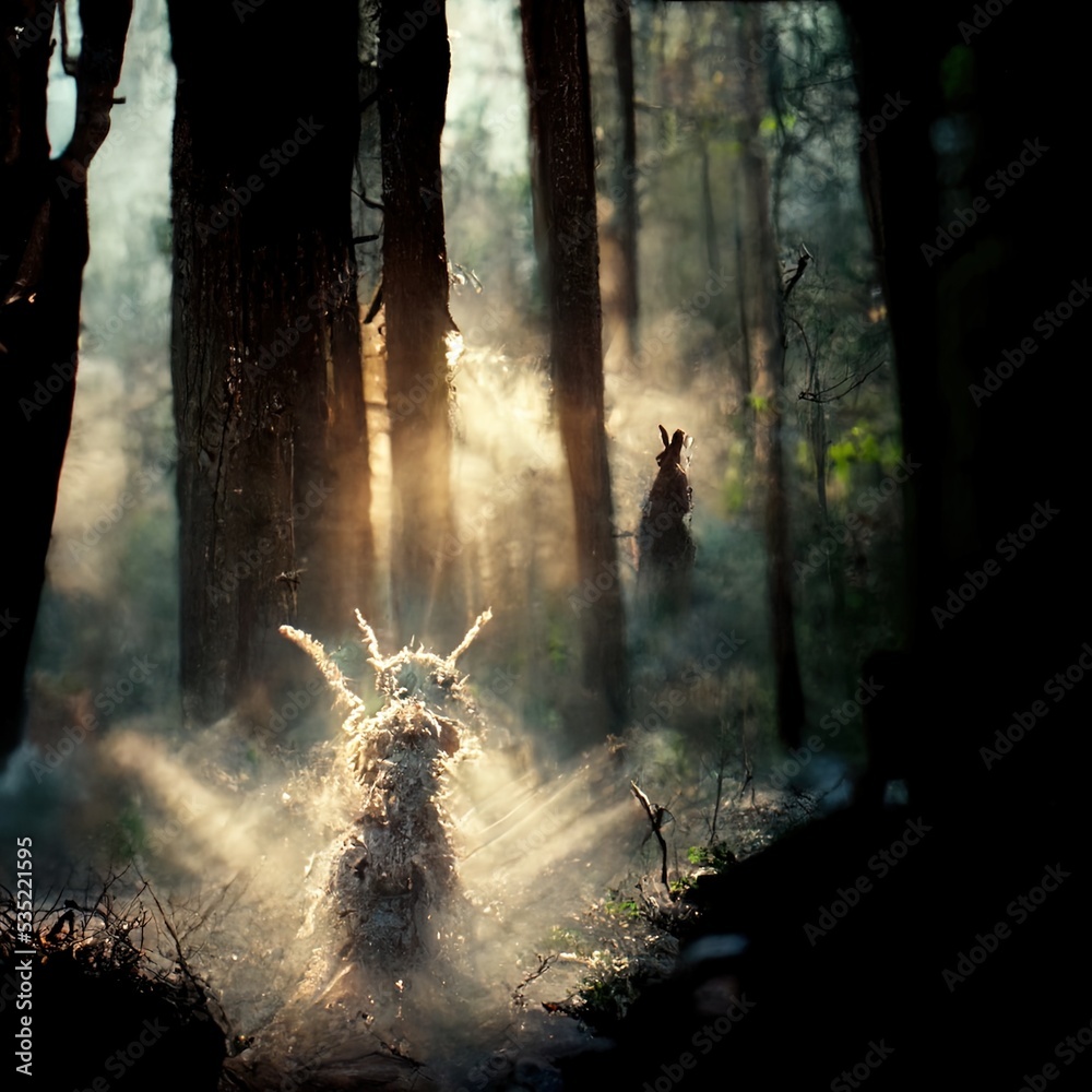 Alien Creature of the woods scene 3D illustration with dramatic ...