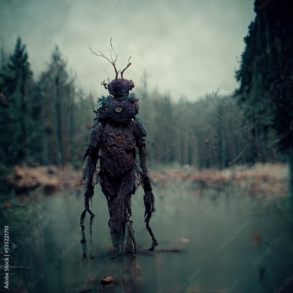 Alien Creature of the woods scene 3D illustration with dramatic ...