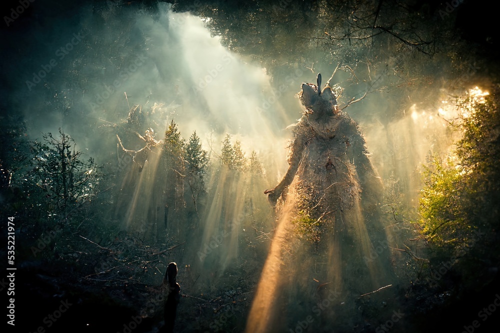 Alien Creature of the woods scene 3D illustration with dramatic ...