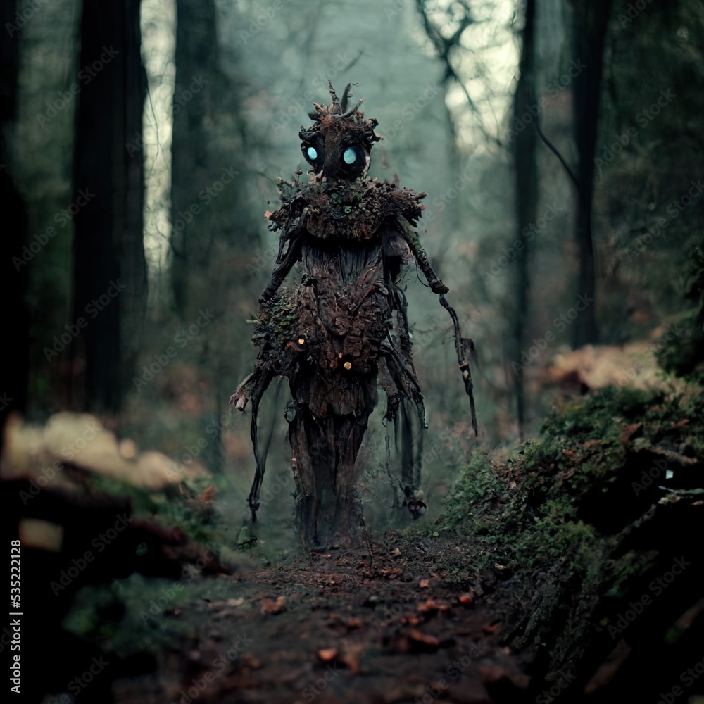 Alien Creature of the woods scene 3D illustration with dramatic ...